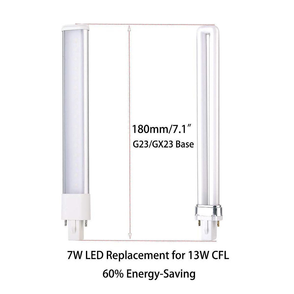 E-Simpo 2pcs G23 7W 7.1" LED Bulb PLS-13W Replacement G23d 2P Cold White 6000K LED PL Retrofit Horizontal Recessed Down Light Plug Play for INDUCTANCE/Magnetic Ballast (Cold White, 7inch/180mm 7W)