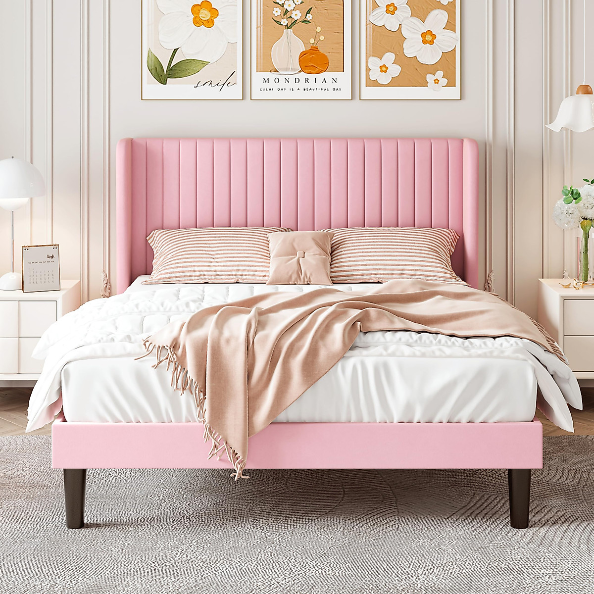 SHA CERLIN Full Size Velvet Bed Frame with Vertical Channel Tufted Wingback Headboard, Upholstered Platform Bed with Wood Slats, No Box Spring Needed, Easy Assembly, Pink