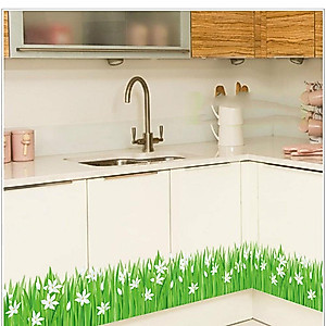 BIBITIME Green Grass White Flower Wall Border Decal Vinyl Sticker Peel and Stick Home Art PVC Murals for Living Room Kitchen Bathroom Window Door Nursery Bedroom Children Kids Room Decor