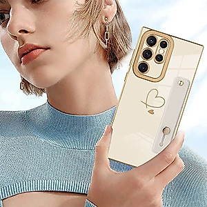ZIYE Galaxy S22 Ultra 5G Luxury Electroplated Case with Strap Love Heart Plating Gold Bumper Cover for Women Girls Anti-Scratch Shockproof Back Phone Case for Samsung Galaxy S22 Ultra 5G 6.8 Inch