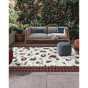 Outdoor Rugs for Patio 5x8ft,Christmas Farmhouse Truck Elks and Wreath Indoor Outdoor Area Rug Floor Carpet Washable Camping Mats for Deck Backyard Porch Decor - Santa Elements on White and Grid