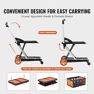 VEVOR Multi Use Functional Collapsible Cart, 198 lbs Capacity 2-Tier Folding Shopping Cart with Wheels, Collapsible Utility Cart with Storage Crate, 2 in 1 Hand Truck for Grocery/Luggage/Moving/Office