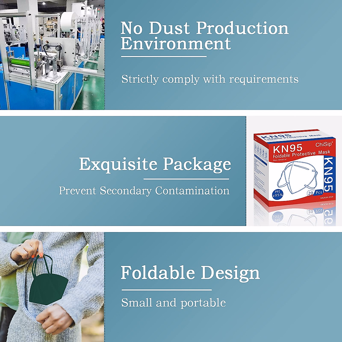 ChiSip KN95 Face Mask 20Pcs, 5 Layer Design Cup Dust Safety Masks, Breathable Protection Masks Against PM2.5 Dust Bulk for Adult, Men, Women, Indoor, Outdoor Use,Mint Green