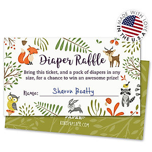Woodland Diaper Raffle Tickets with Owl and Forest Animals. Pack of 50 Fill In The Blank Unisex Design Suitable for Boy or Girl.