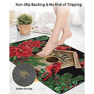 Christmas Bath Mat for Tub,Non Slip Bathroom Floor Runner Rug Quick Dry & Absorbent Diatomaceous Earth Shower Sink Kitchen Living Room Washable Doormat,Xmas Red Poinsettia Green Pine Tree 16"x24"