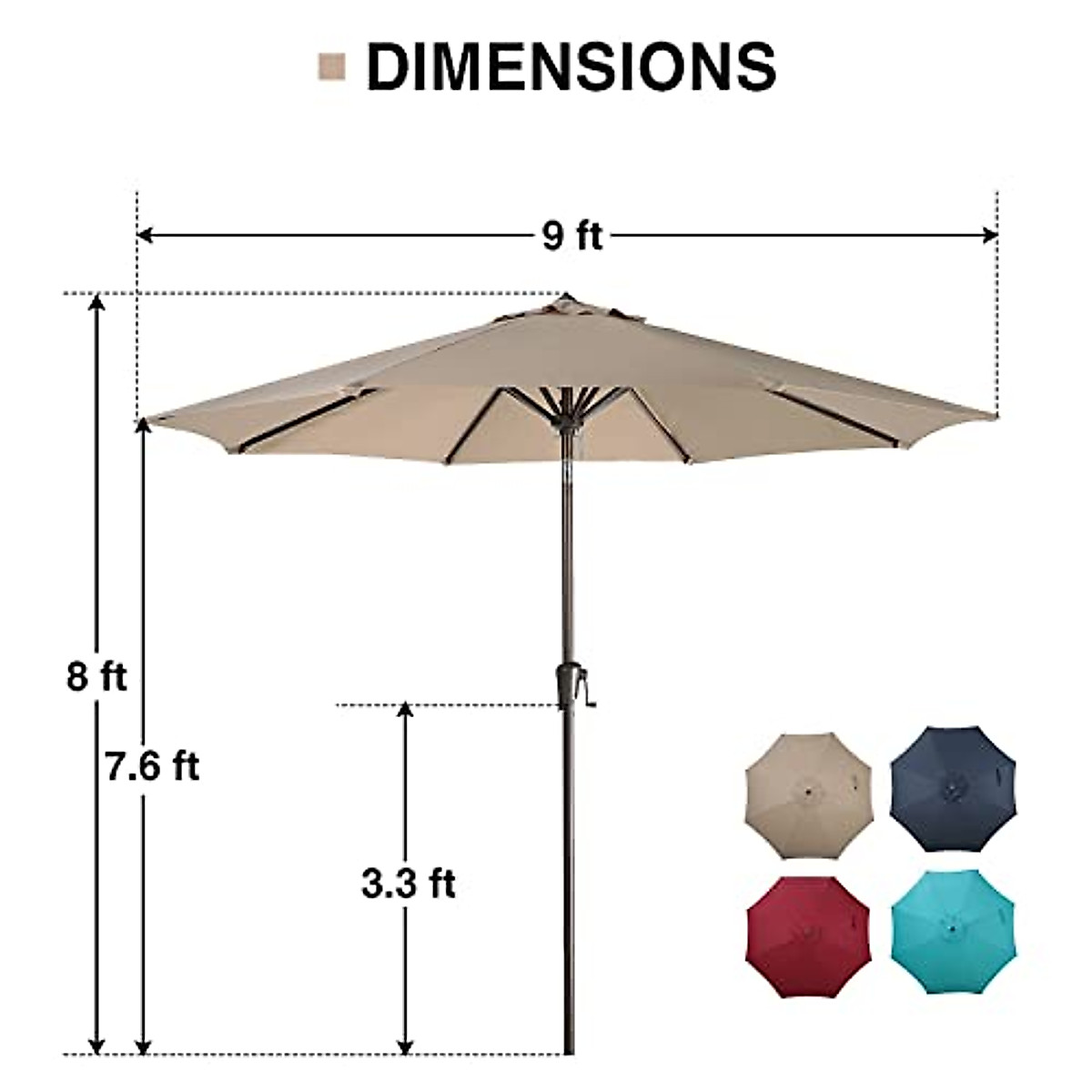 JARDINA Outdoor You Living 9’ Patio Umbrella UV Protected Outdoor Table Umbrella with Push Button Tilt/Crank Market Umbrella with 8 Ribs for Lawn, Garden, Backyard & Pool, Beige