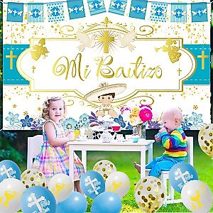 Mi Bautizo Decorations - Mi Bautizo Decorations for Boys with Baptism Backdrop Mi Bautizo Balloon Garland Kit First Communion Holy Christening Decoration God Bless Baby Shower Party Supplies