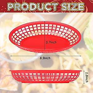 48 Pack Red Oval Fast Food Basket and 200 Pack Black Checkered Deli Liner Set 8.9 x 5.7 x 1.8 Inch Retro Style Plastic Food Baskets for Serving Burger Chip Food Baskets for Home, Restaurants, Picnic