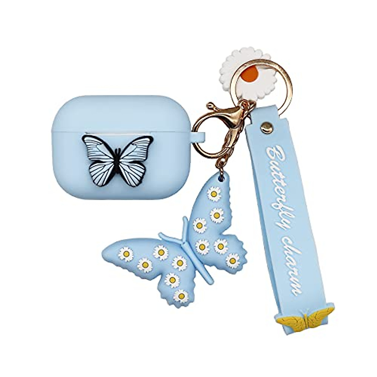 Jeriwell for Airpod Pro Case Cover Cute 3D Butterfly with Keychain Waterproof Liquid Silicone Compatible with Airpods Pro Charging Case for Women Girl (Light Blue)