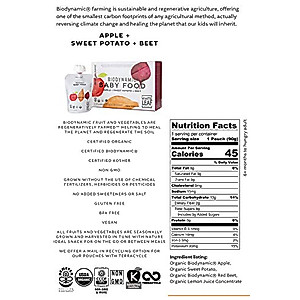 White Leaf Provisions Biodynamic & Organic Baby Food/Snacks — Apple, Sweet Potato & Beet Unsweetened Baby Puree Pouches — Squeezable Baby Food & Toddler Snack– 6 x 90g Organic Pouches