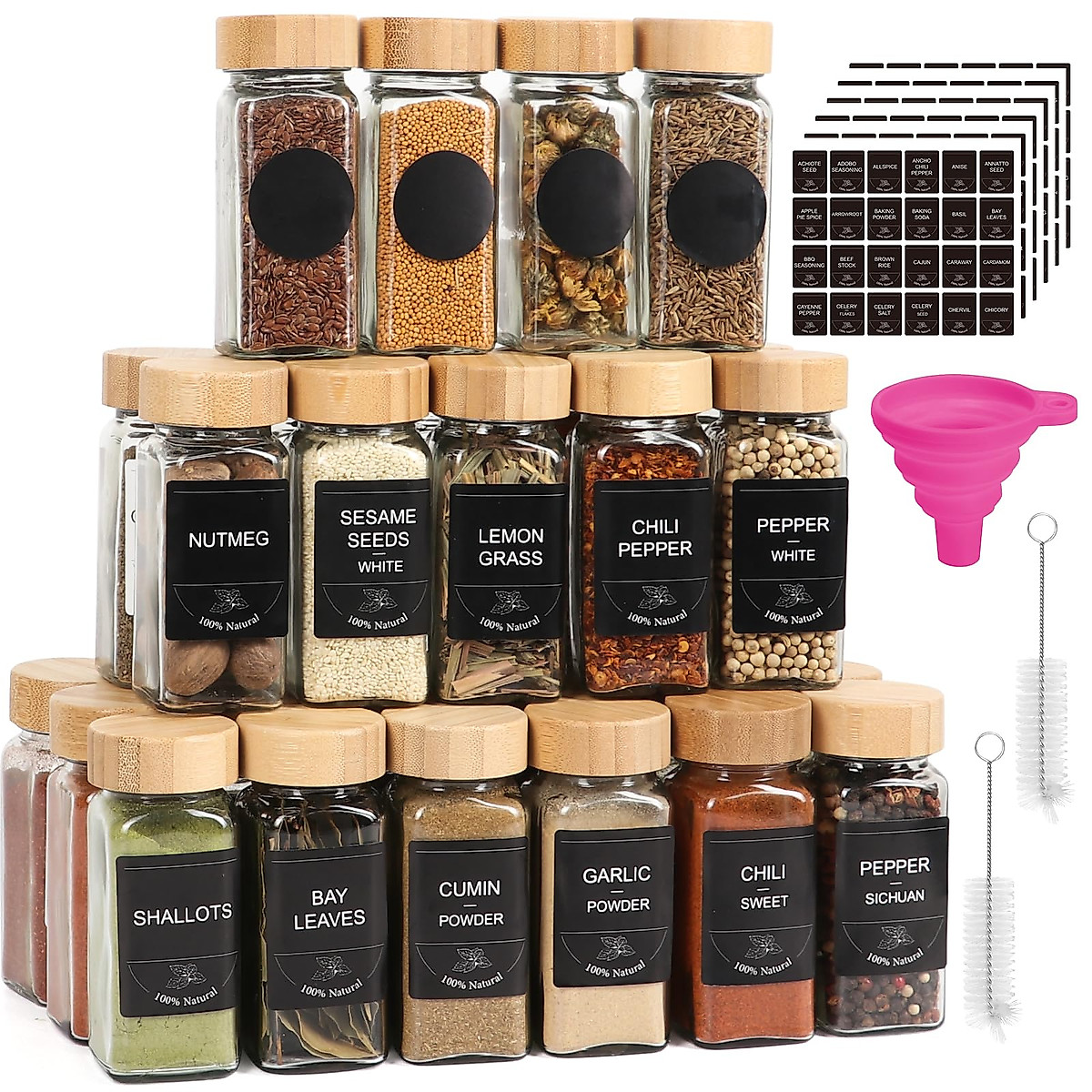36pcs 4oz Spice Jars with Bamboo Lids, Glass Spice Jars with Labels, Empty Spice Containers Square Spice Bottles with Shaker Lids, Funnel, Chalk Pen and Brush