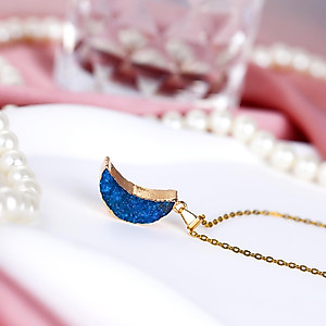 MISS RIGHT Healing Crystal Druzy Crescent Moon Necklace for Women, Dainty Minimalist Bohemian Cute Chakra Geode Necklaces Aesthetic (Malachite Blue)