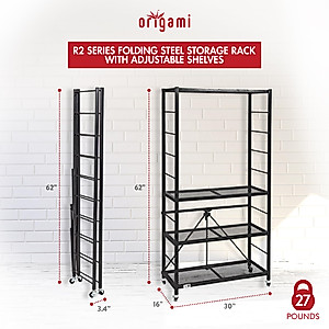 Origami 4 Tier Foldable Heavy Duty Metal Steel Adjustable Garage Storage Shelf Rack with Wheels for Organization in Home and Office, Black