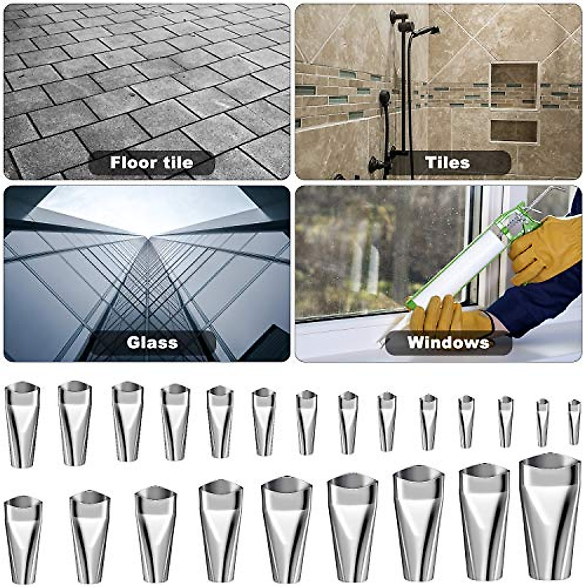 Hotop 23 Pieces Caulking Finisher Kit Caulk Nozzle Applicator Stainless Steel Sealant Finishing Tool Caulk Nozzle Finisher Kit for Kitchen Bathroom Window, 23 Sizes