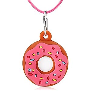 Mouzor AirTag Holder Case, Cute Doughnut Airtag Necklace with Adjustable Stopper for Kids Children, Soft Silicone Shockproof Air Tag Holder Cover with 29 inch Elastic Lanyard (Pink)