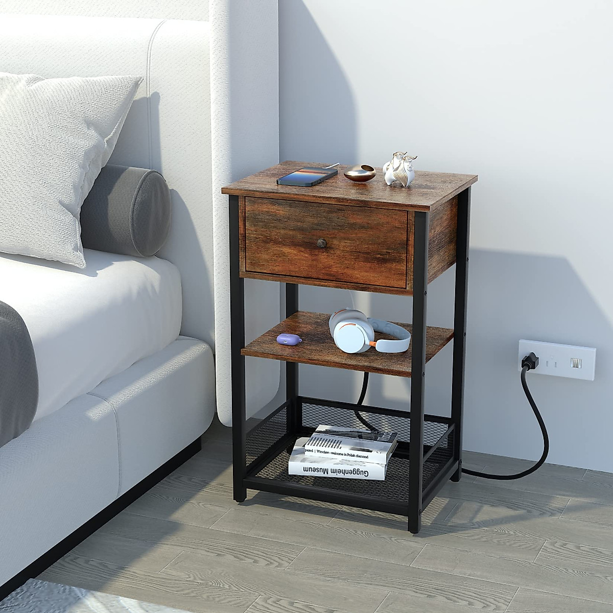 YAKANJ Modern Nightstand with Charging Station and Drawer,3-Tier Side Table End Table for Living Room,Bedroom,Narrow Sofa Table Bedside Table with Storage Shelf for Small Spaces-Brown