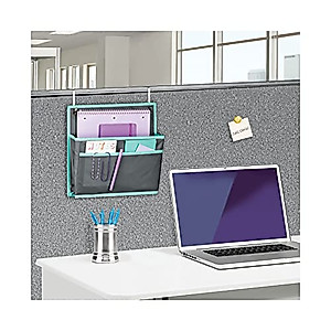 mDesign Soft Fabric Hanging Home Office, Cubicle Storage Organizer, 2 Large Pocket Organization - Holds Office Supplies, File Folder, Planner, Journal - Hang Over Cubicle Wall or Door - Dark Gray/Teal