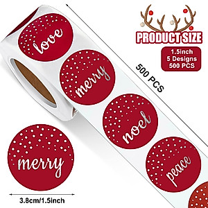 500 Pieces Merry Christmas Stickers Labels for Envelopes 1.5 Inch Joy Peace Love Red Christmas Foil Seal Stickers Roll Holiday Stickers Xmas Labels Roll for Greeting, Sealing, Gifting, Gift Decor
