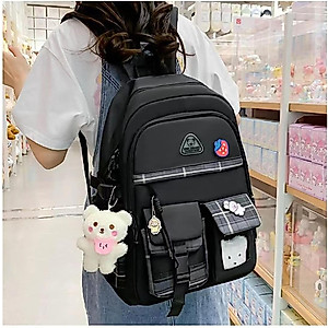 5 pcs Cute Aesthetic Backpack Set with Pins and Pendant Large Kawaii Japanese Style College Laptop Bookbag Preppy Backpack (Black,One Size)