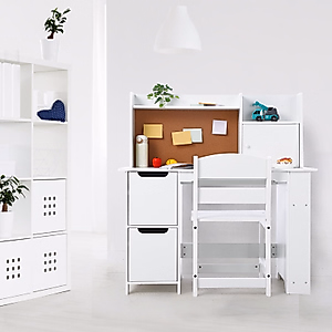 Kids Study Desk and Chair Set with Storage - White Learning Table with Bookshelf and Cabinets for Boys and Girls Ages 3-8