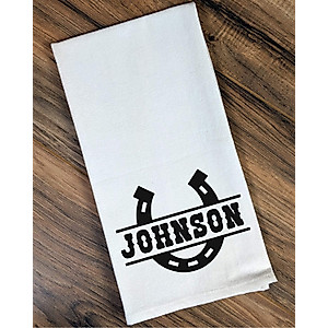 Personalized With Your Name - Flour Sack, Tea Kitchen Dish Towel - Cowboy, Western, Split Horseshoe Custom Decor