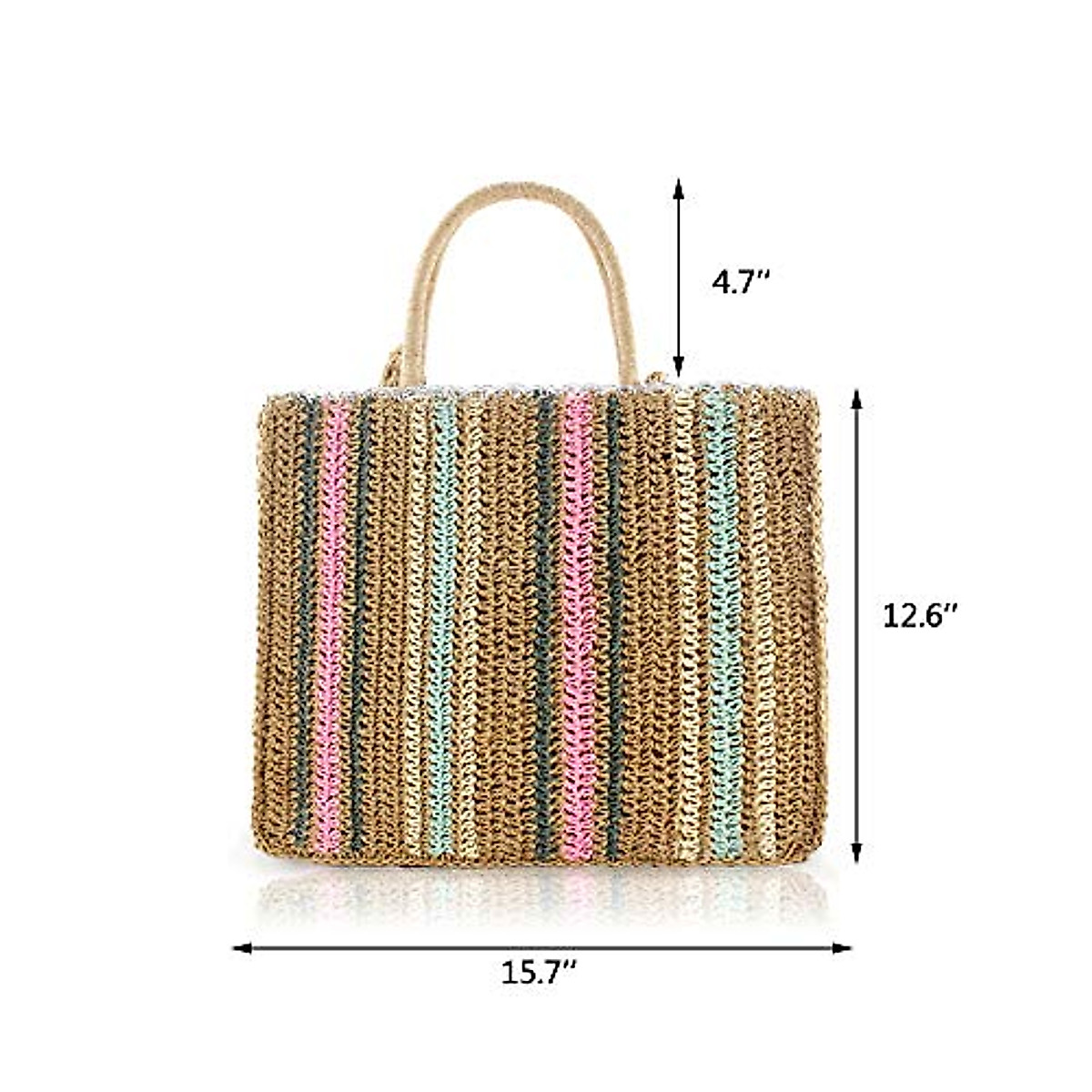 QTKJ Fashion Women Straw Zipper Tote Bag Summer Beach Colorful Shoulder Bag with Woven Shoulder Strap