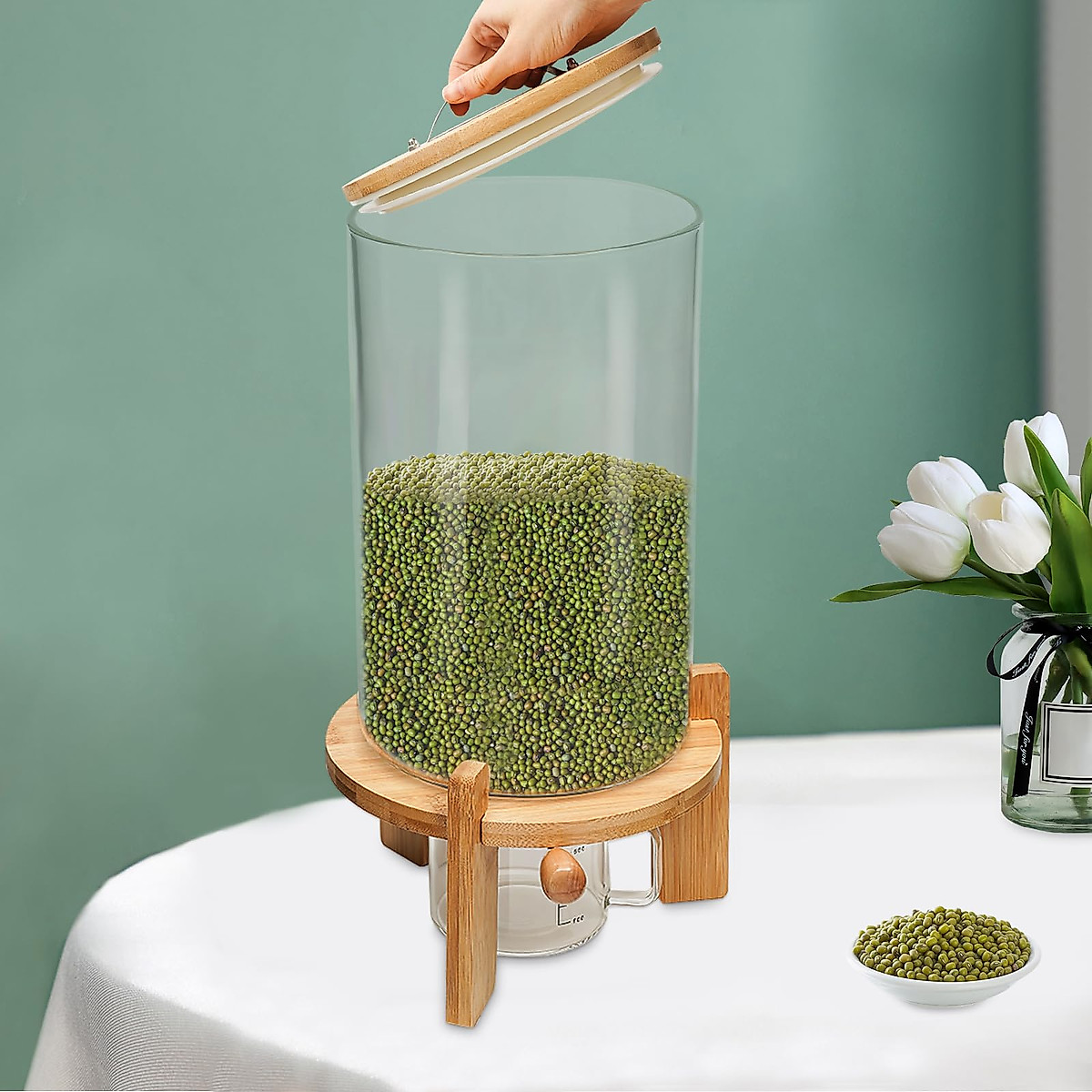 KONKENIE 7.5L/5L Grain Storage Tank Dispenser with Base+Valve+Cup Glass Rice Cereal Bean Flour Container Dry Food Organizer with Lid+Stand for Home Kitchen Pantry Store Clear (7.5L/Round Base)