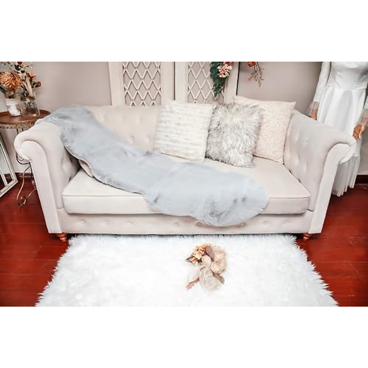 Ultra Soft Faux Rabbit Fur Area Rugs for Living Room Couch Pad Fuzzy Area Rug Fluffy Bedside Carpet Mat for Bedroom Floor Sofa Living Room Rugs 2 x 6 ft,Grey Rug