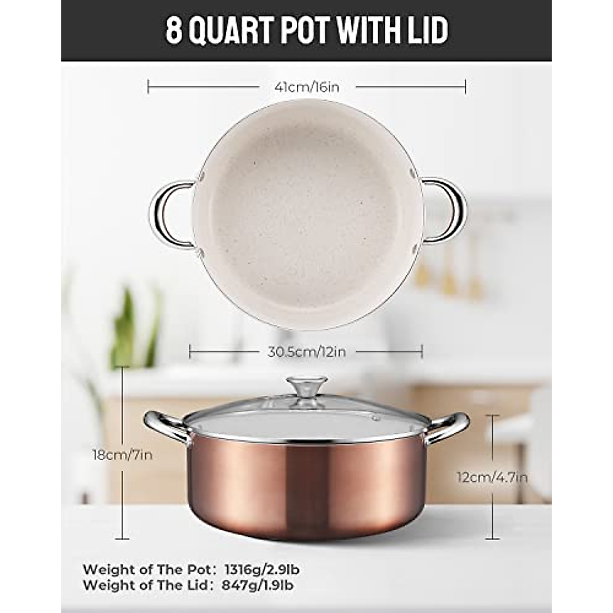 BEZIA 8 Quart Pot with Lid, Nonstick Cooking Pot with Lid, Induction Pasta Pot, Soup Pot, Large Stockpot, Stew Pot, Simmering Pot, Compatible for All Stoves, Golden