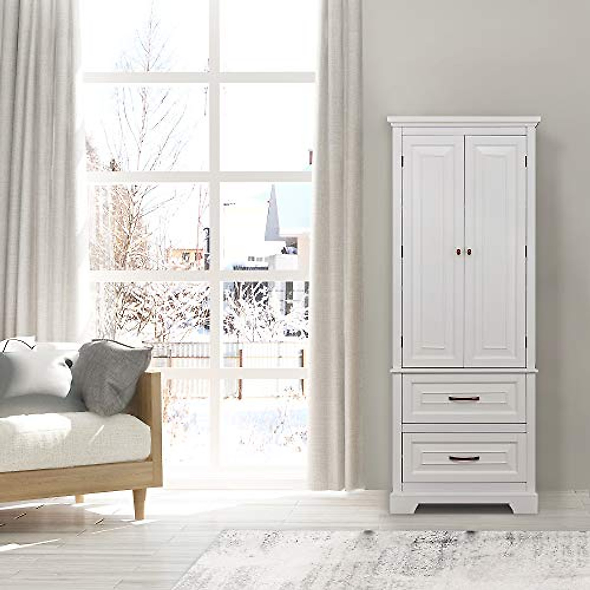 Teamson Home St. James Freestanding Adjustable Shelves 2 Drawers 5 Spaces and 2 Doors Wooden Linen Tower Storage Cabinet, White