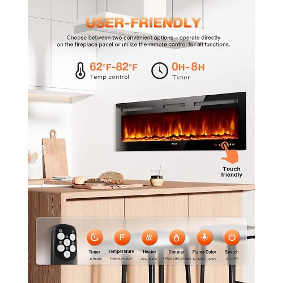 VISVEIL Electric Fireplace 60Inch,Realistic Flame Electric Fireplace Heater,Log Set/Crystal Flames 750-1500W with Timer Inserts/Wall Mounted/TV Stand Touch Screen & Remote for Living Room Easy Install