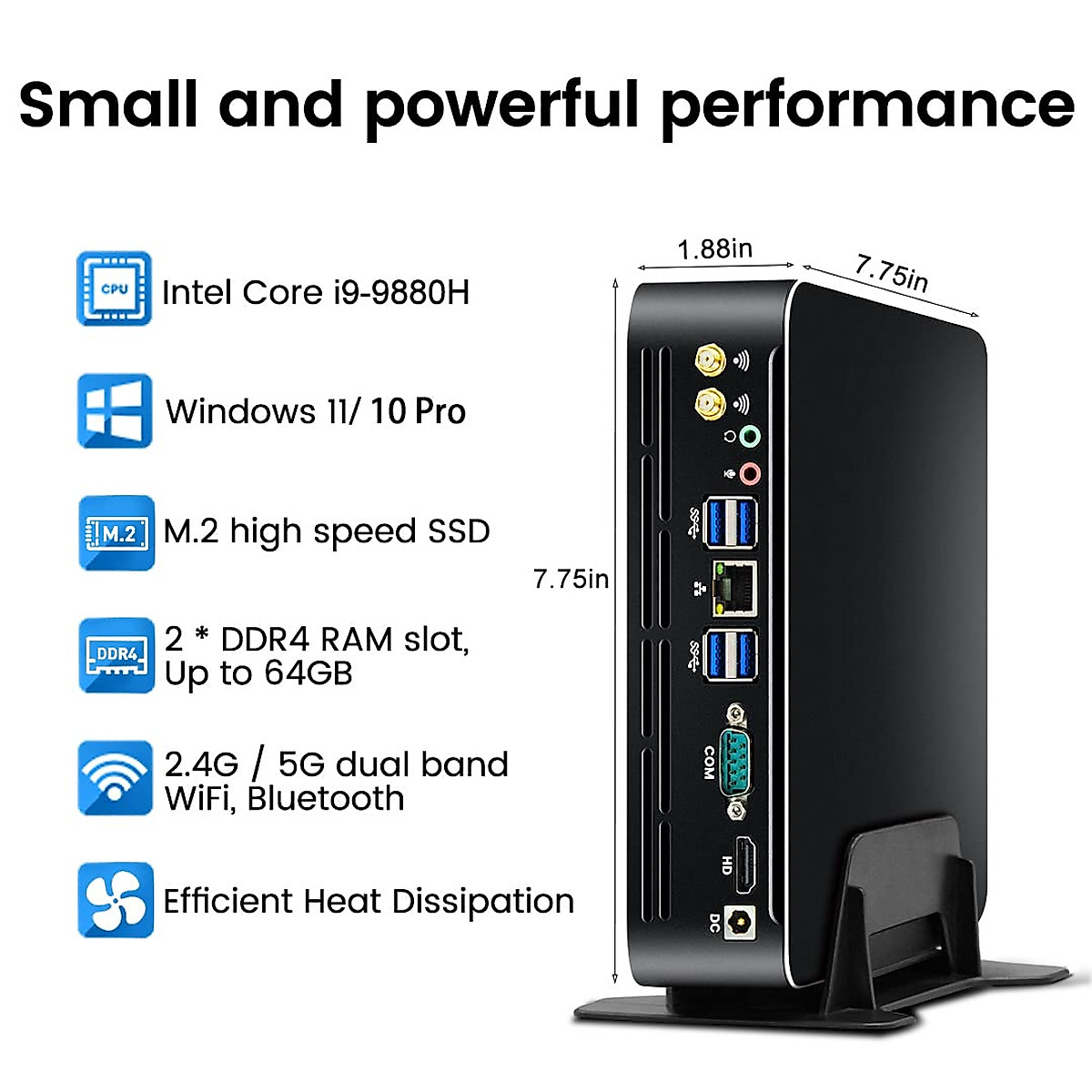 BOESIIPC Mini Desktop PC, Mini Computer i9-9880H Windows 11 Pro, 64G DDR4 RAM/1T M.2 SSD, 4K, USB3.0, HDMI, COM, WiFi, BT4.0