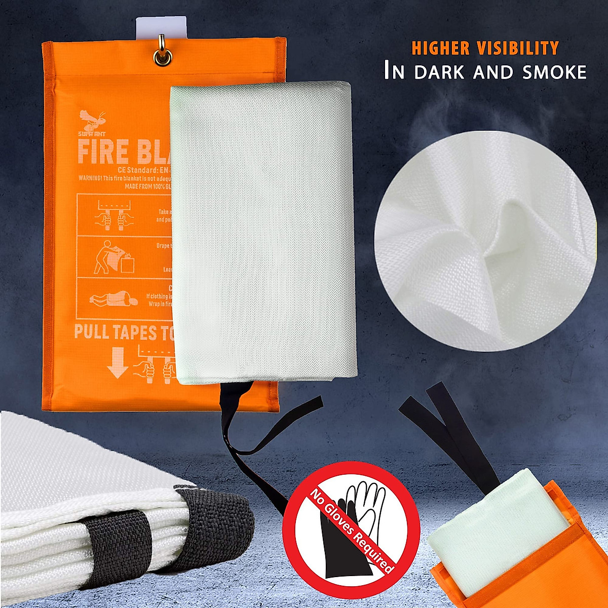 Supa Ant Emergency Fire Blanket for Home and Kitchen - 1 Pack 1500F High Visibility (Glow in The Dark) Smother Kitchen Fire Blanket - CE Certified Hero Fire Blankets Emergency for Home (74in)