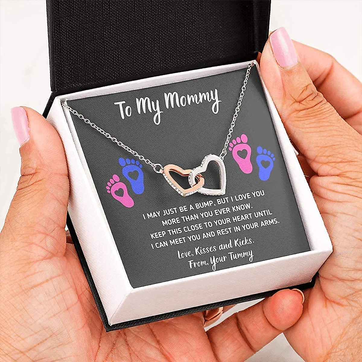 To My Mommy "Heart-Feet" Interlocking Hearts Necklace with Message Card and Gift Box. Baby Shower Present. Gift for Pregnant Mom