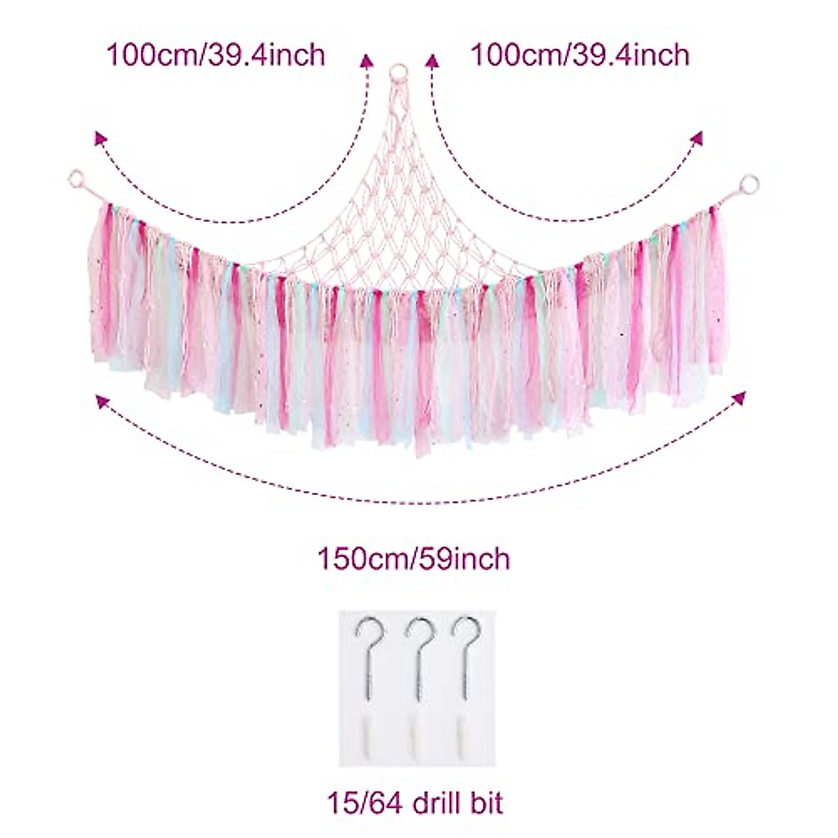 Pink Stuffed Animal Net Hammock, Toy Hammock Hanging Stuffed for Animal Storage with Tassels for for Flat Wall,Nursery Play Room, Kids Girl Bedroom Decor