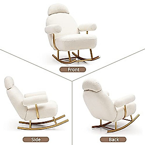 Tmsan Modern Rocking Chair, Upholstered Nursery Glider Rocker, Accent Chairs for Living Room, Comfy Sherpa Fabric Armchair with Adjustable Headrest, White