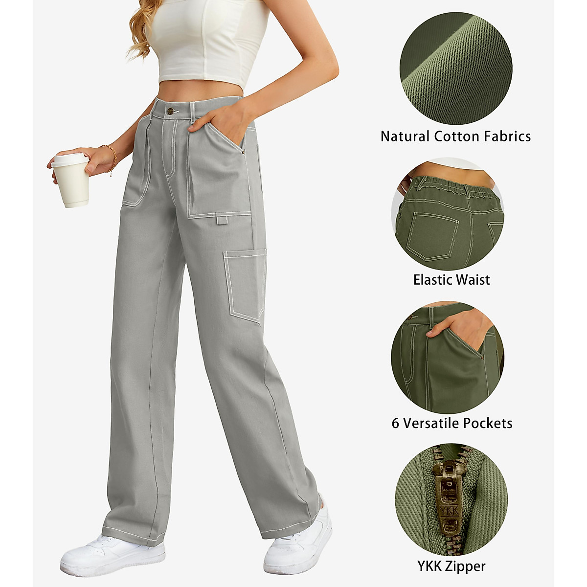 Women High Waisted Cargo Pants Wide Leg Casual Pants Combat Military Trousers Silver Gray