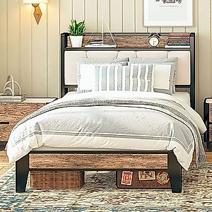 LIKIMIO Twin Bed Frames, Storage Headboard with Charging Station, Solid and Stable, Noise Free, No Box Spring Needed, Easy Assembly (Walnut and Beige)