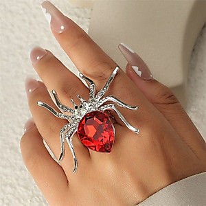 NUAYA Gothic Spider Ring for Woman Charm Punk Aesthetic Grunge Halloween Ring Vintage Cool Stuff Party Designer Jewelry Anillos Mujer (Red)