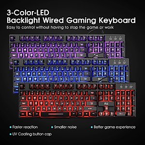 Rii RK100 3 Colors LED Backlit Mechanical Feeling USB Wired Multimedia Office Keyboard For Working or Primer Gaming,Office Device (Renewed)
