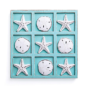 NIKKY HOME Beach Tic Tac Toe for Fun Starfish Sand Dollar Coastal House Coffee Table Decor Wood Board Travel Game, 8.98 x 8.98 x 1.18 inch, Teal