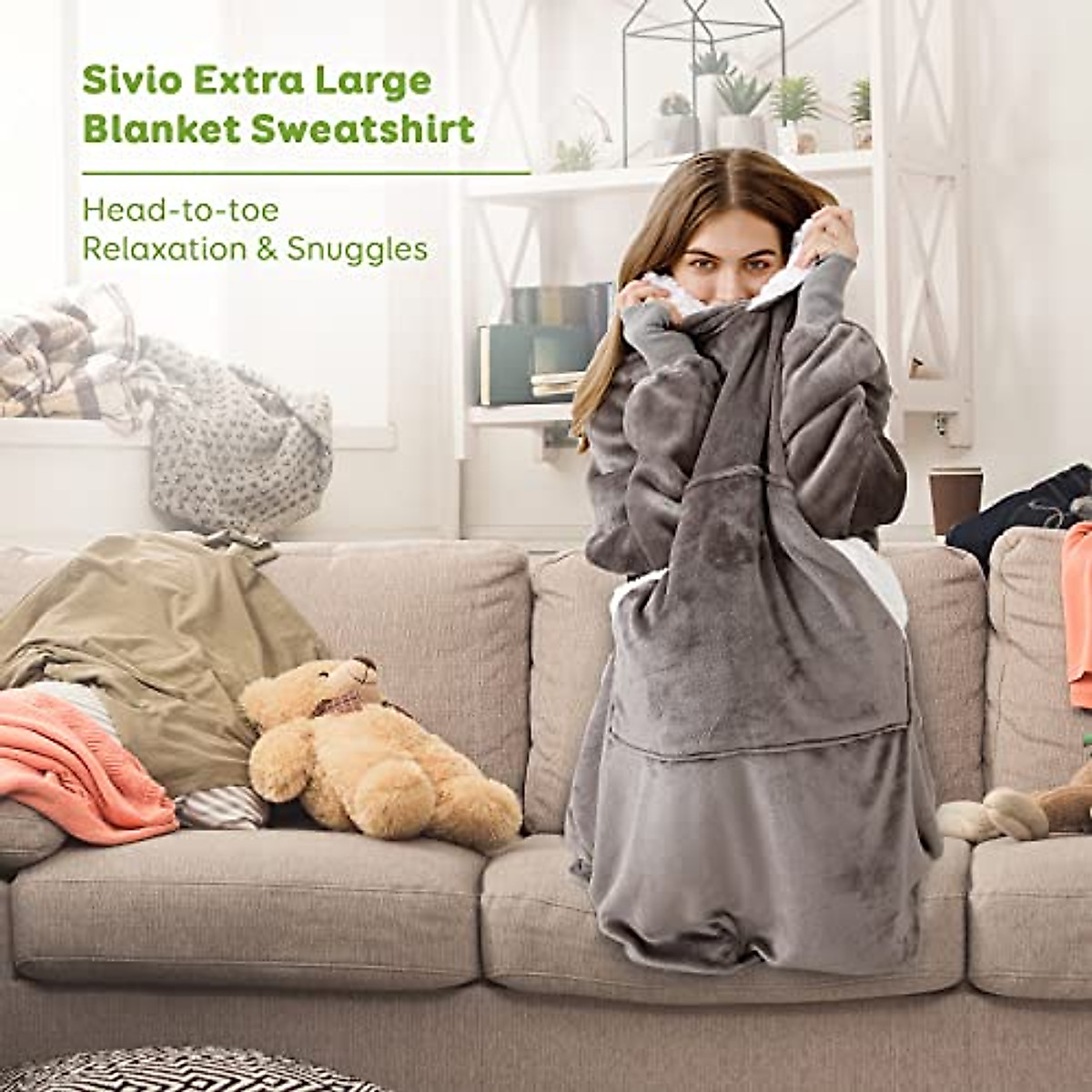 Sivio Blanket Sweatshirt, Plush Flannel Sherpa Wearable Blanket with Sleeves and Giant Pocket, Oversized Hoodie for Women and Men, Grey