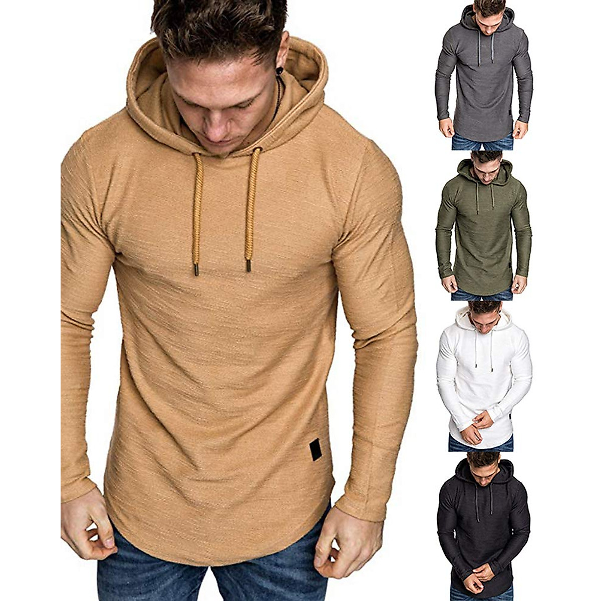 Lexiart Mens Fashion Athletic Hoodies Sport Sweatshirt Solid Color Fleece Pullover Khaki M
