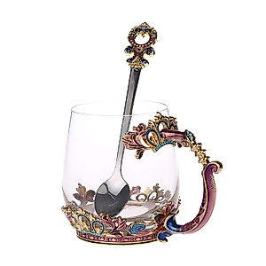 Coffee Mug Handmade Crown Enamel Clear Glass Coffee Mug with Handle, Unique Personalized Birthday Present Ideas for Women Grandma Mom Teachers Hot Beverages(Purple/10.8Oz)