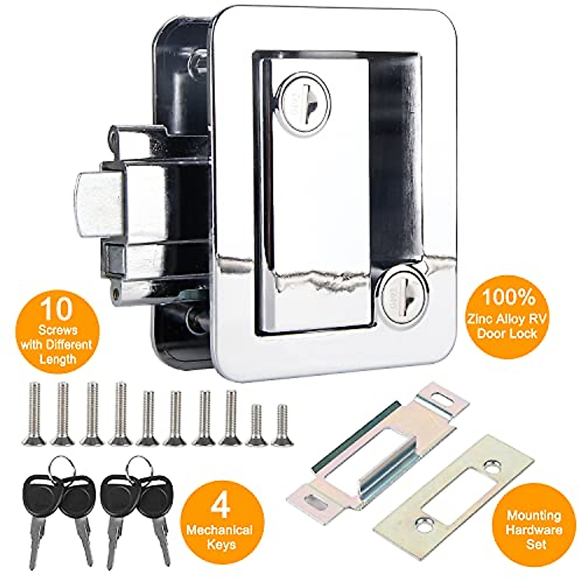 VOGREX RV Door Lock, Travel Trailer Entry Door Lock with Paddle Deadbolt, Camper Door Latch Handle with 4 Keys, Chrome Trailer Door Lock for Camper Travel Trailer RV