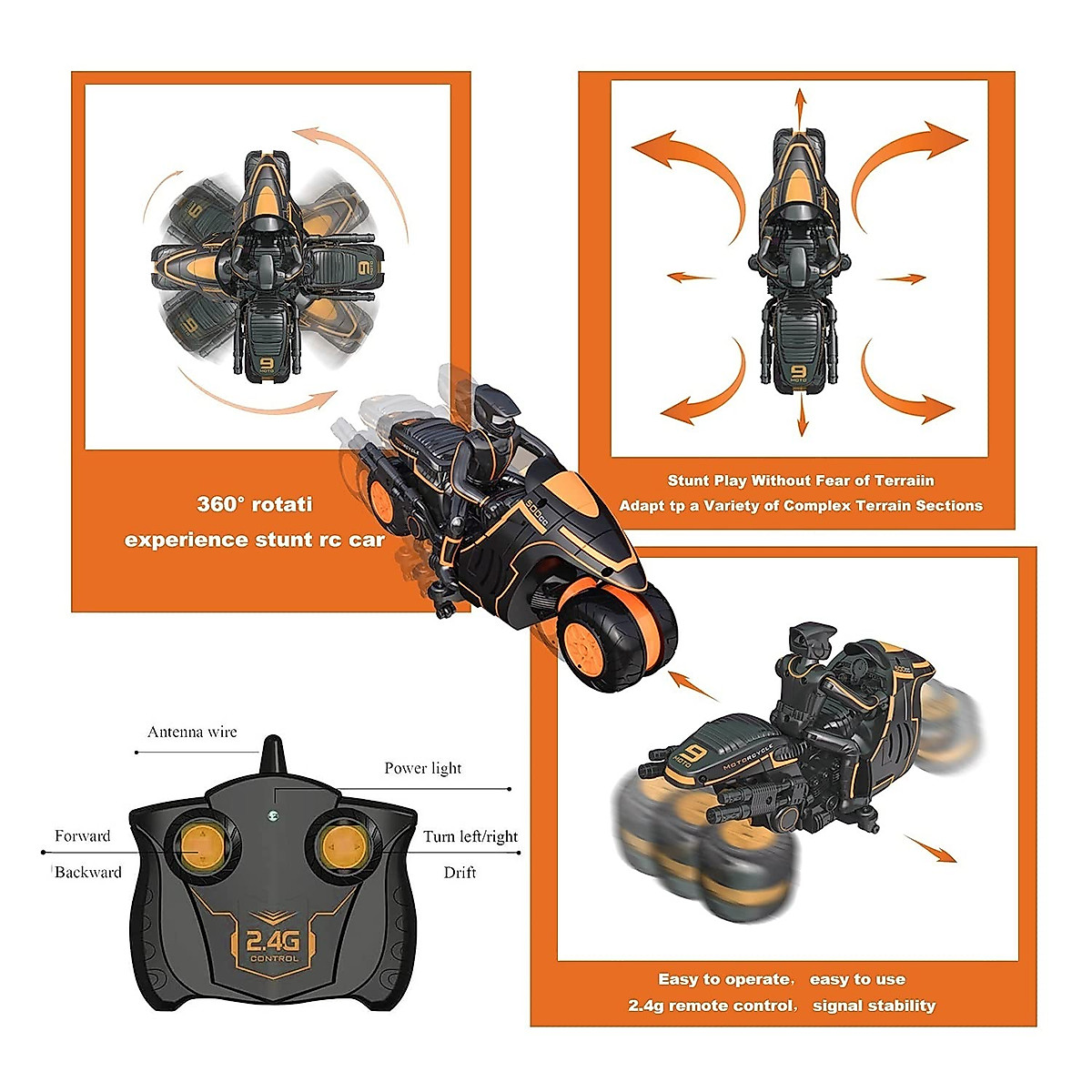 GX-YJWNY Rc Motorcycle with rechargeable batteries, 360° rotatable Drift Remote Control Motorcycles, 2WD Rc Motorbike 2.4Ghz High Speed Wireless Remote Racing Motorcyle for 4-12 Age Kids