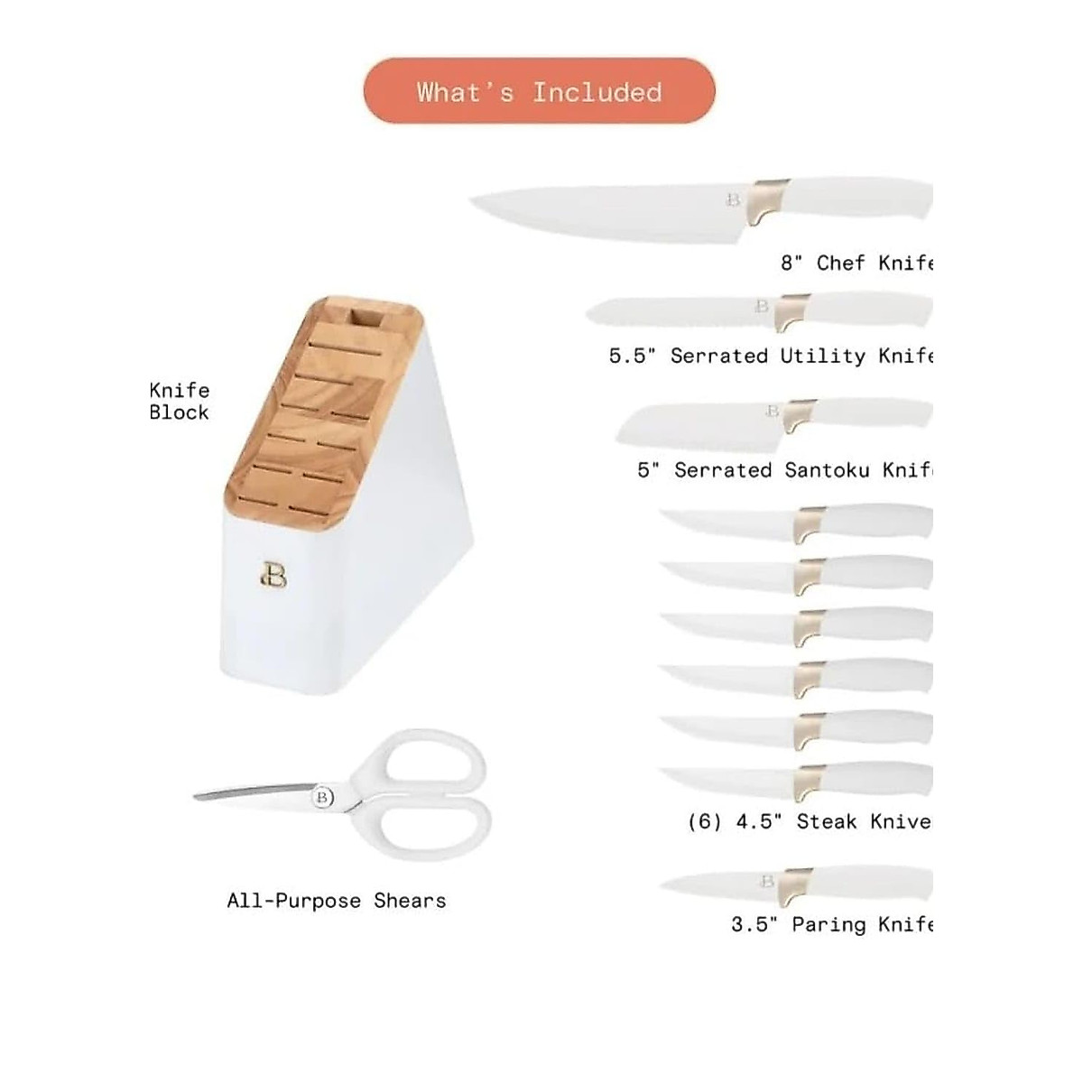 12 Piece Knife Block Set with Soft-Grip Ergonomic Handles White and Gold by Drew Barrymore
