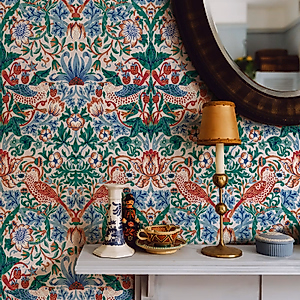 JiffDiff Vintage Wallpaper Peel and Stick Watercolor Floral Botanical Morris Wallpaper Strawberry Thief Easy Peel Off Wallpaper for Bedroom Mural Wall Decor Self-Adhesive 17.7in x 9.8ft