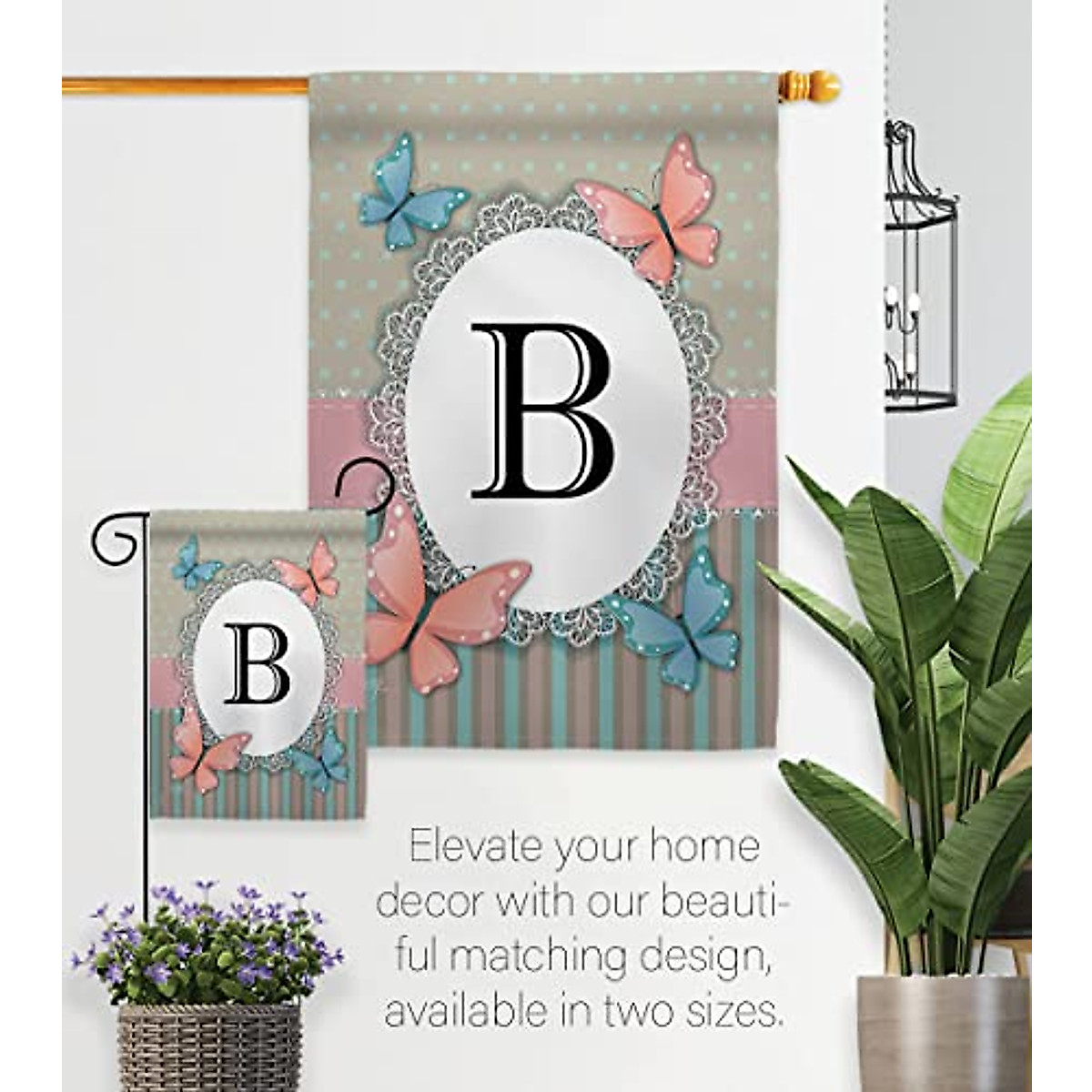 Breeze Decor B Initial Garden Flag Set Wall Hanger Monogram Friends Bugs & Frogs Butterfly Ladybugs Dragonfly Bee Springtime Insect Natural Wildlife House Yard Gift Double-Sided, Made in USA