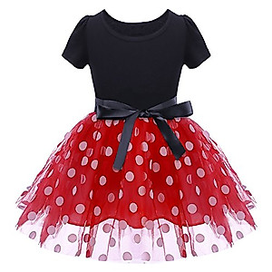 Baby Girls Polka Dots Tulle Spliced Ballet Dress with Bowknot Headband Birthday Party Princess Tutu Dress Red 2-3 Years